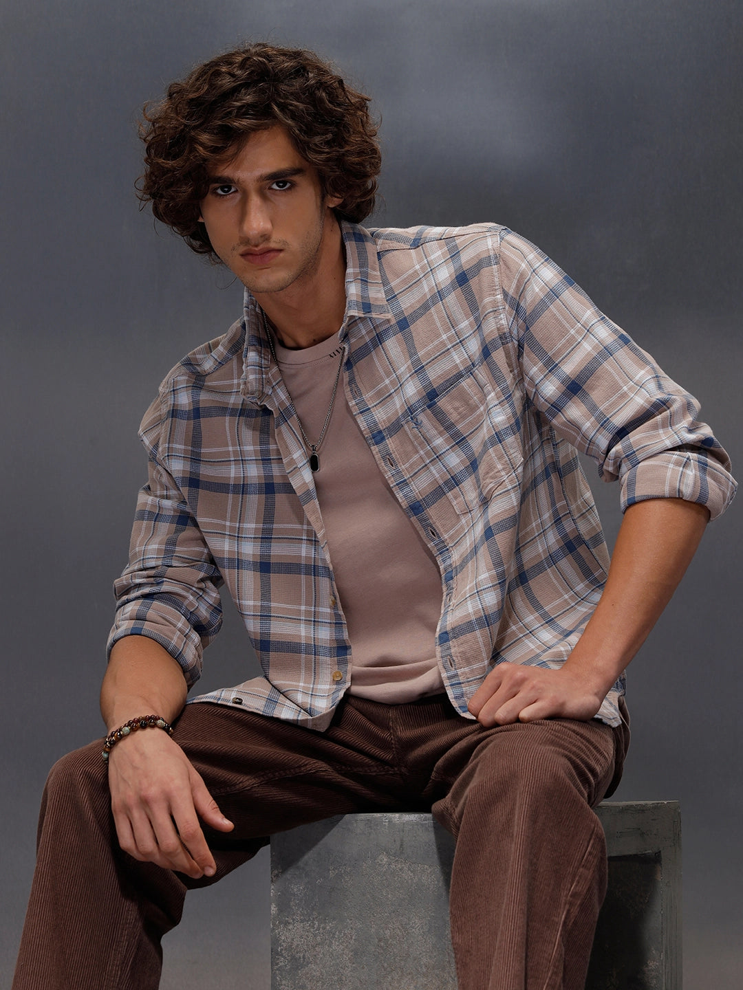 Textured Comfort Fit Checkered Pattern Shirt With Branding | Khaki – Wrogn