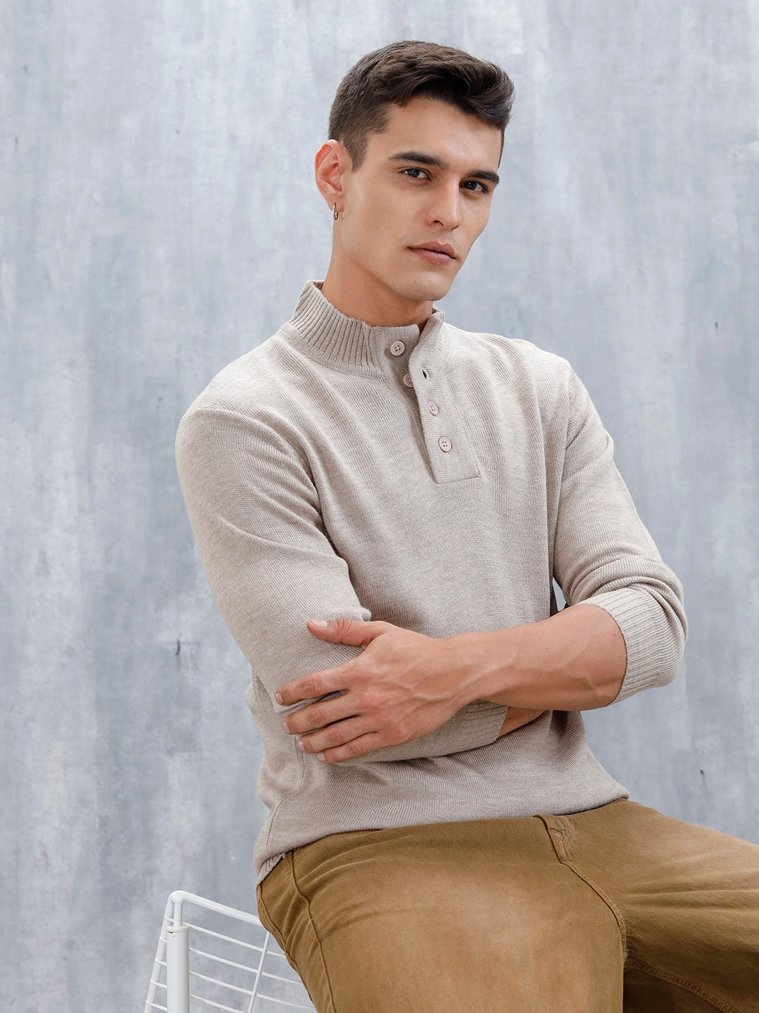 Men's Solid Slim Fit Pullover | Cream – Wrogn