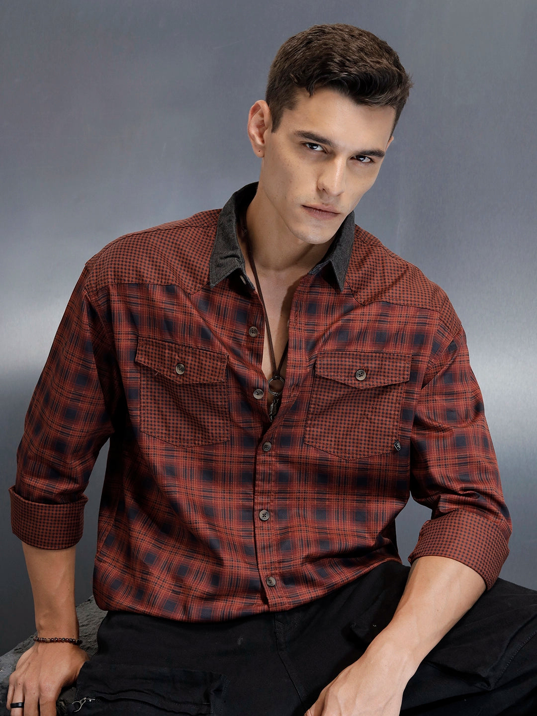Men's Casual Oversized Fit Checkered Pattern Shirt | Brown – Wrogn