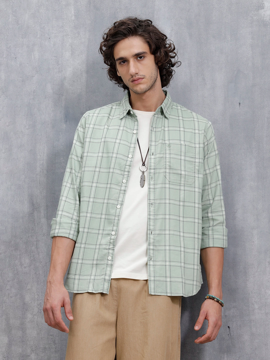 Men’S Regular Fit Checkered Pattern Shirt| Green | WTSH0474M – Wrogn