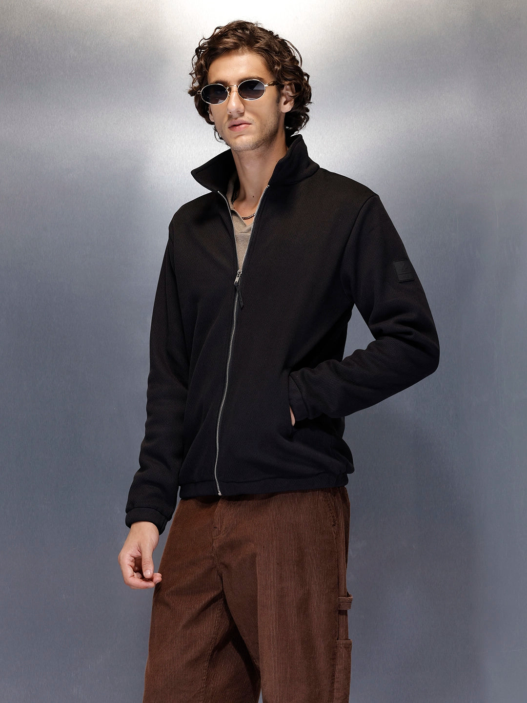 Men’s slim-fit textured high-neck jacket | Black – Wrogn