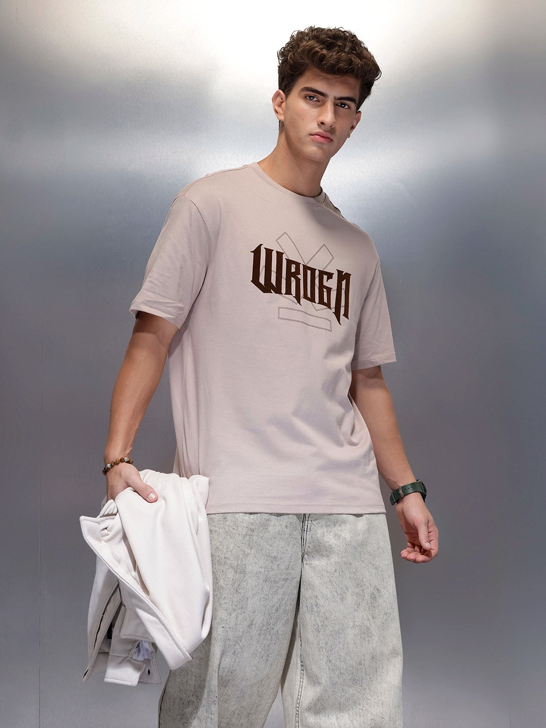Classic Flock Printed Crew Neck T-Shirt | Beige – Wrogn