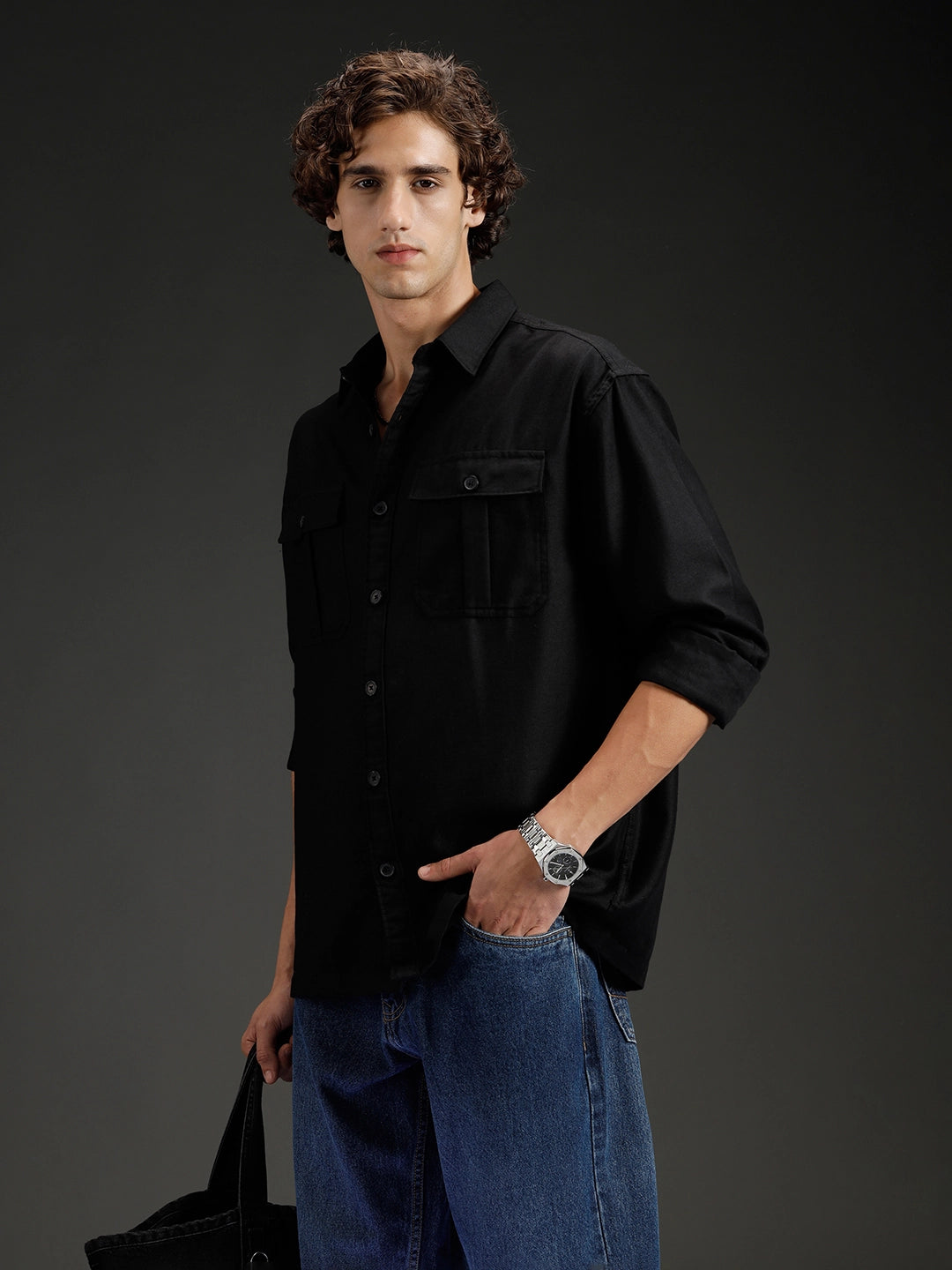 Men's casual oversized fit double pocket shirt | Black – Wrogn