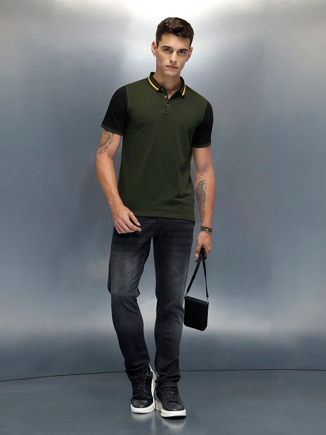Colourblock Causal Men's Polo Neck T-Shirt | Olive – Wrogn