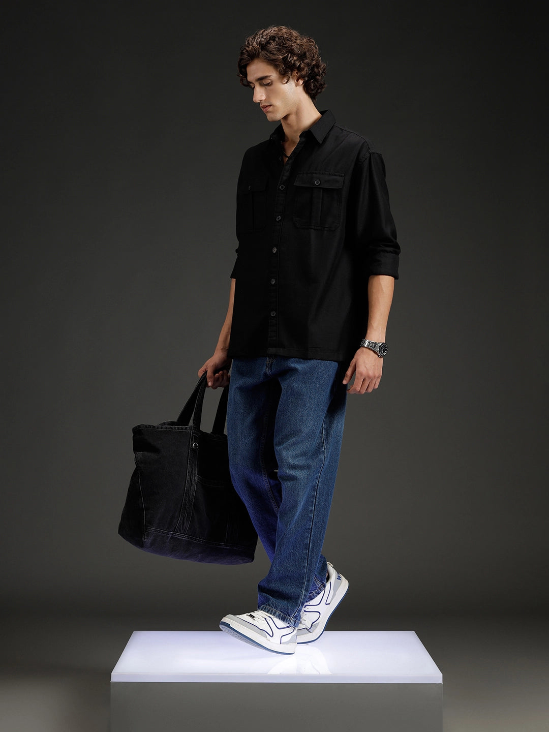 Men's casual oversized fit double pocket shirt | Black – Wrogn