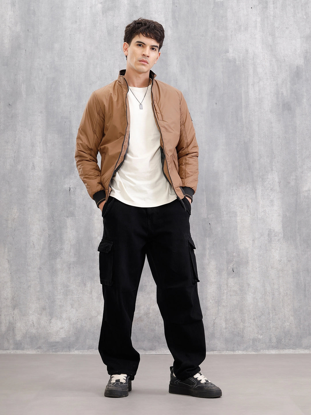 Regular Fit High Neck Jacket With Contrast Detail | Brown – Wrogn