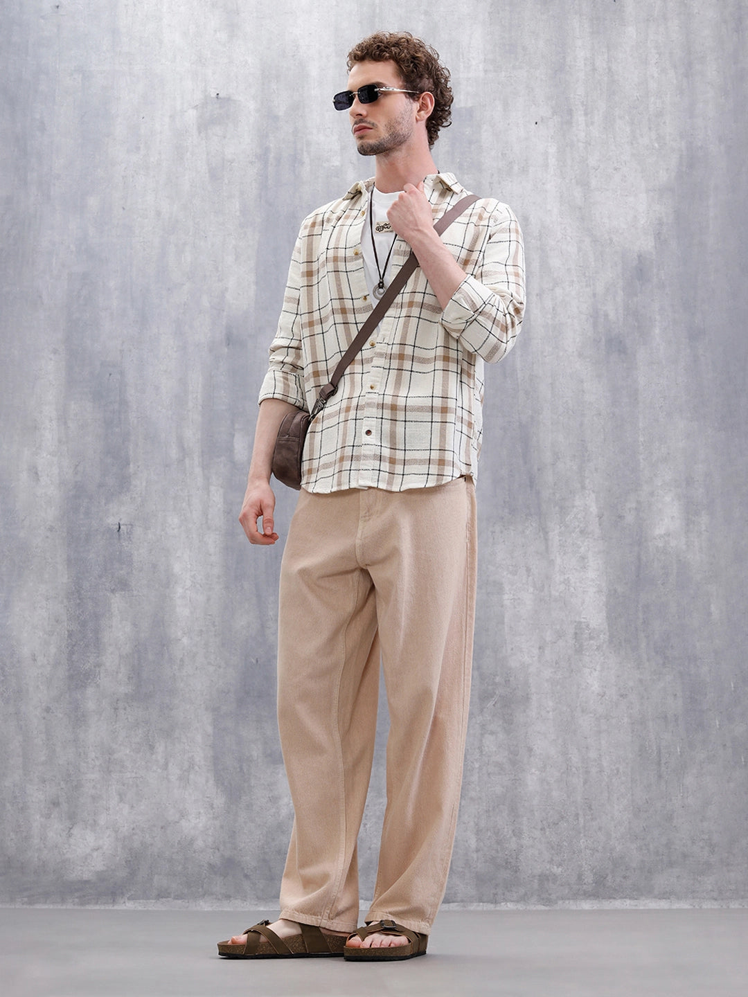 Textured Checks Slim Fit Shirt | Khaki – Wrogn