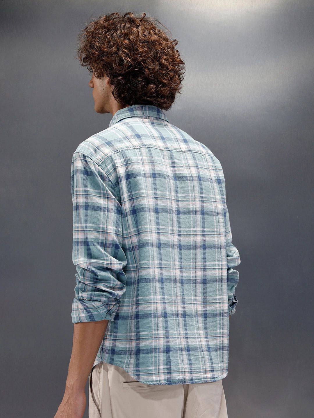 Textured Comfort Fit Checkered Pattern Shirt With Branding| Blue – Wrogn