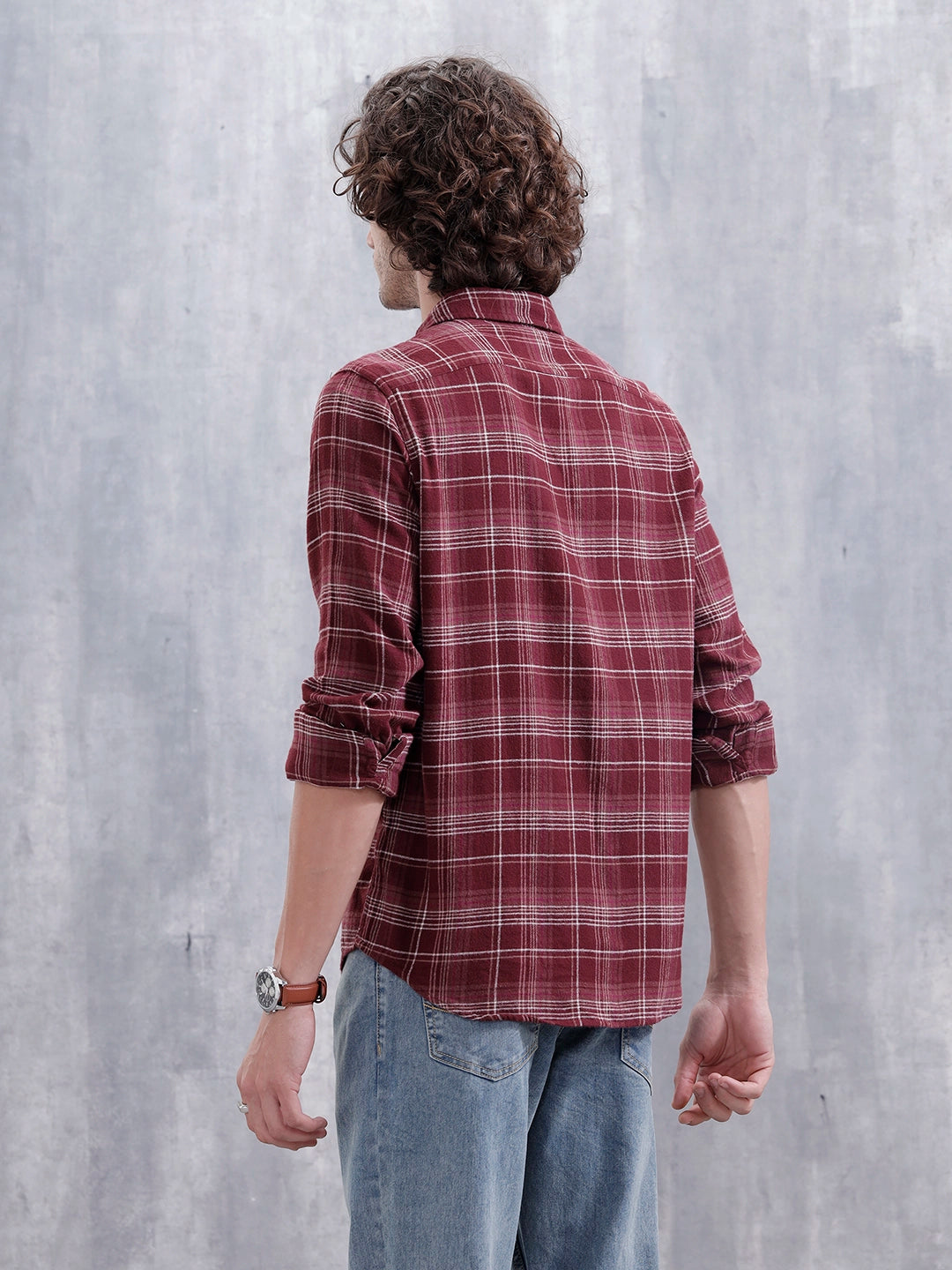 Men’s Double Pocket Checkered Pattern Shirt | Maroon – Wrogn
