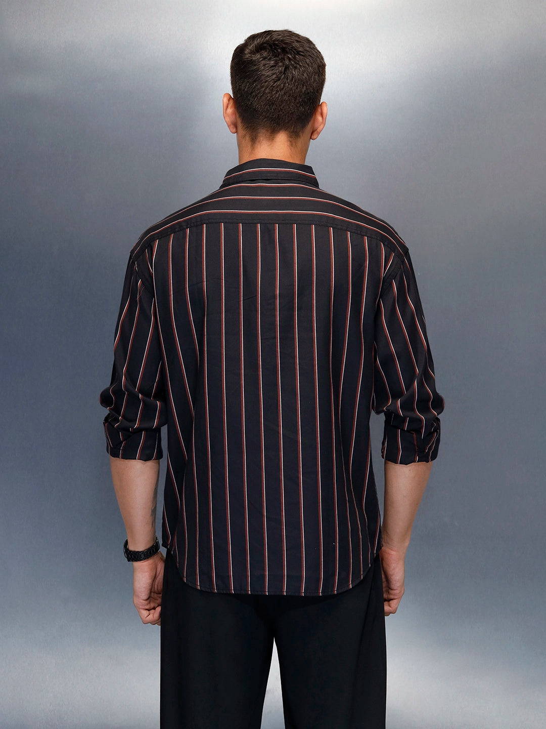Men's Casual Oversized Fit Striped Pattern Shirt | Black – Wrogn