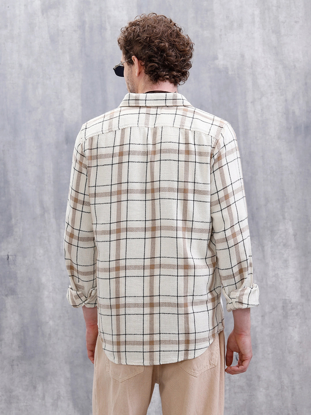 Textured Checks Slim Fit Shirt | Khaki – Wrogn