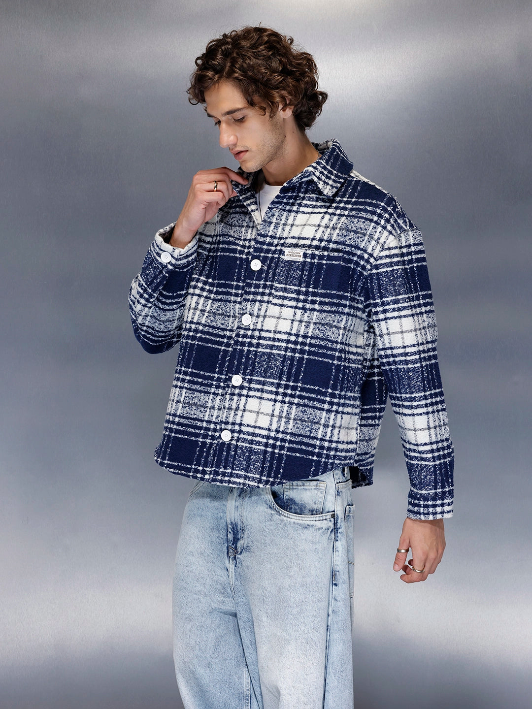 Men’s brushed bold check shacket | Navy Blue – Wrogn