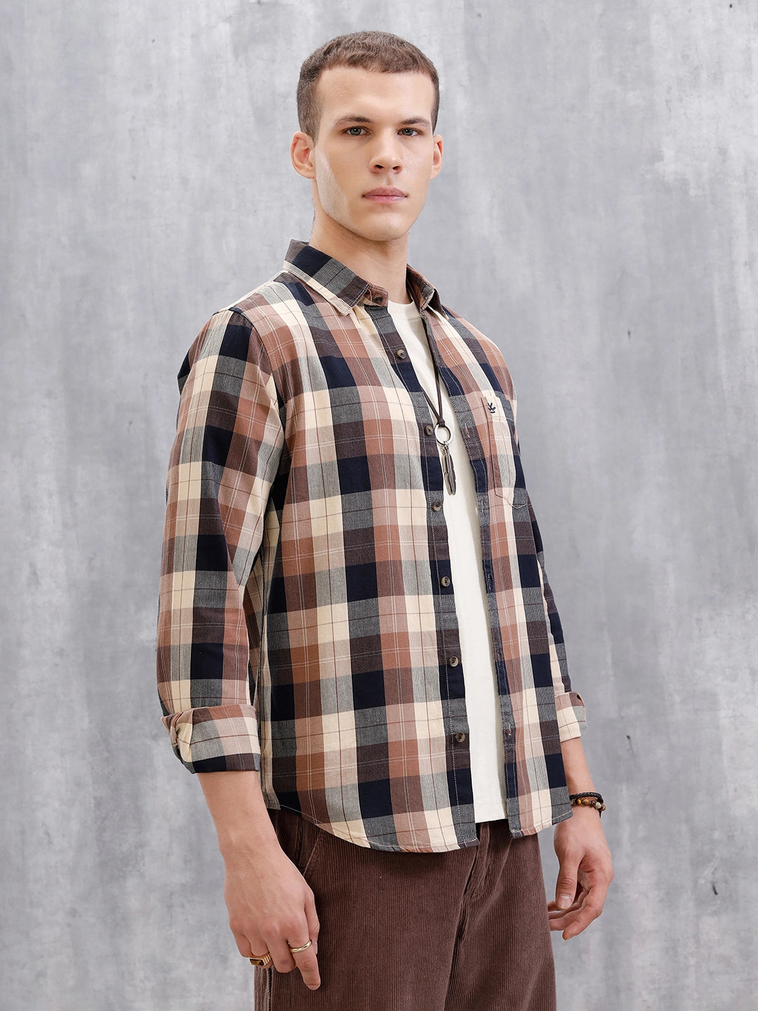 Micro Cord Checked Shirt | Brown – Wrogn