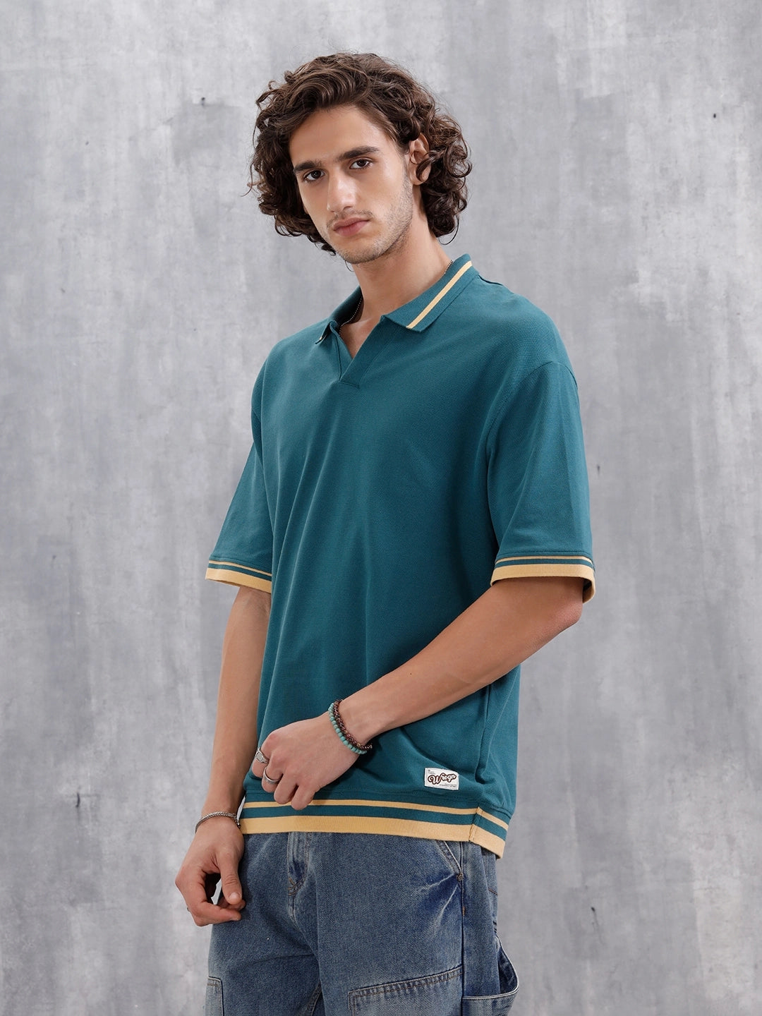 Oversized Polo T-Shirt With Contrast Trim Details | Teal – Wrogn