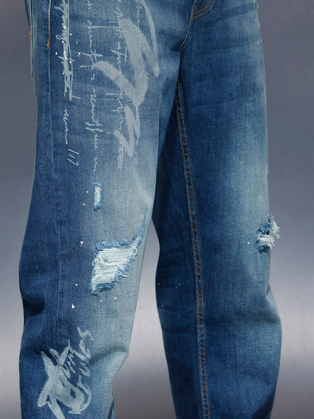 Men’s Rugged Wash Denim with Paint Splatter | Med Stone – Wrogn