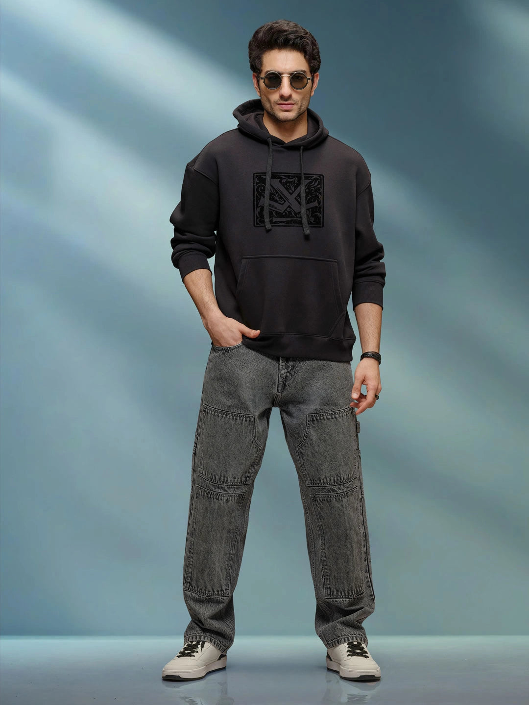 Adorned Logo In Velvet Flock Print On Oversized Hoodie Pullover | Blac ...