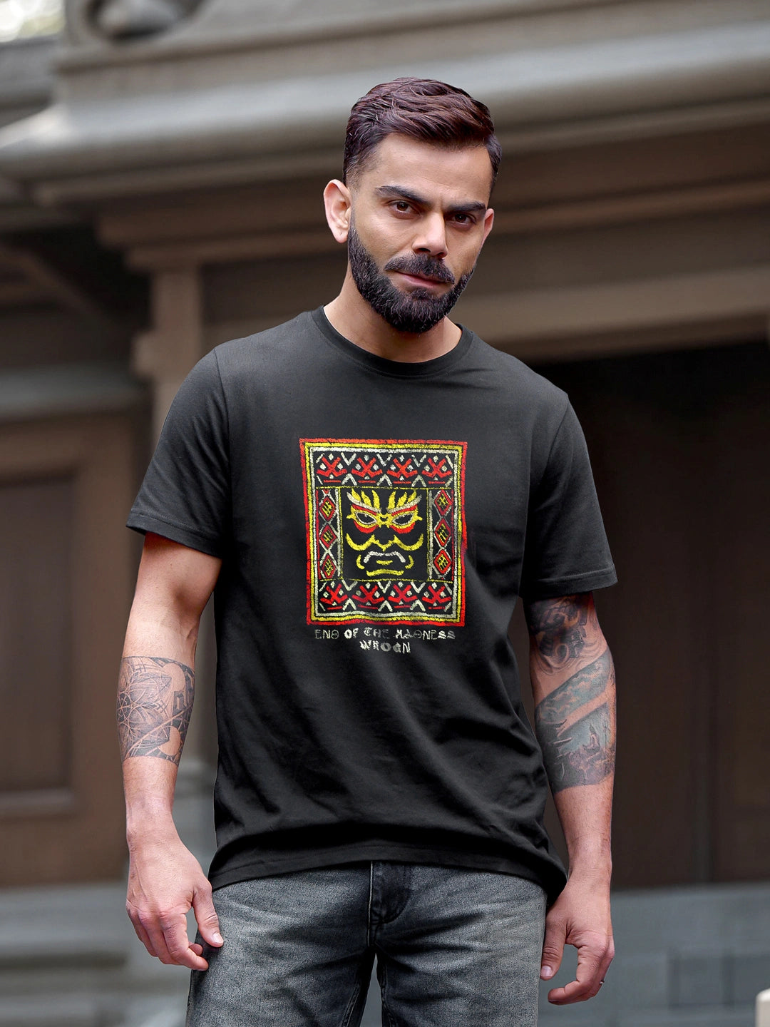Mythical Face Graphic Crew Neck T-Shirt In Slim Fit | Black – Wrogn