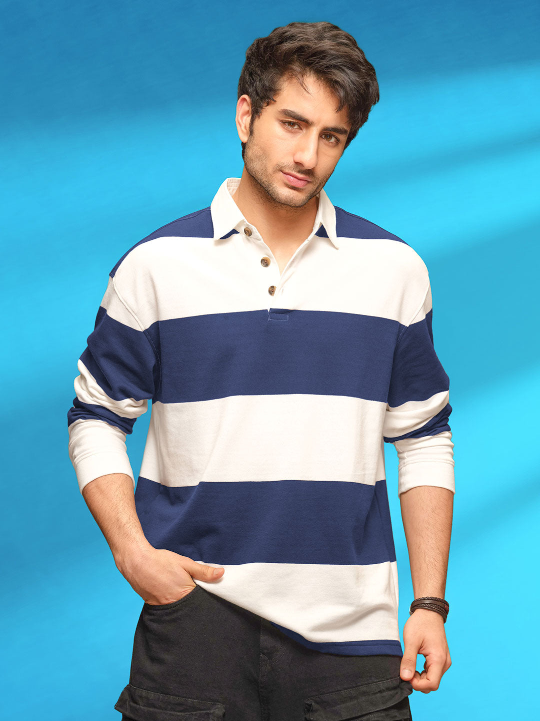 Yarn Dyed Striped Rugby Polo With Twill Collar | Navy Blue – Wrogn